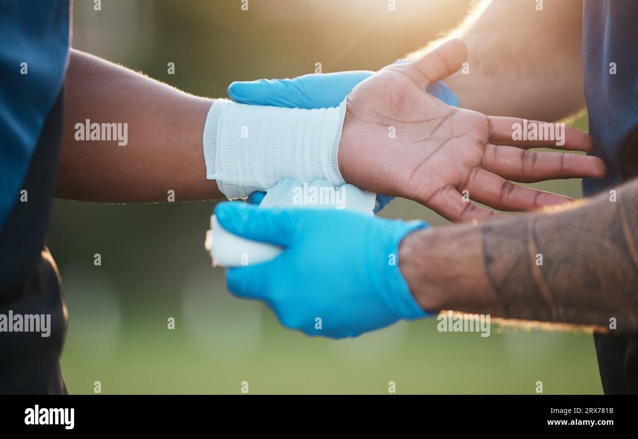 Sports, wrist injury and people with bandage for accident, emergency ...