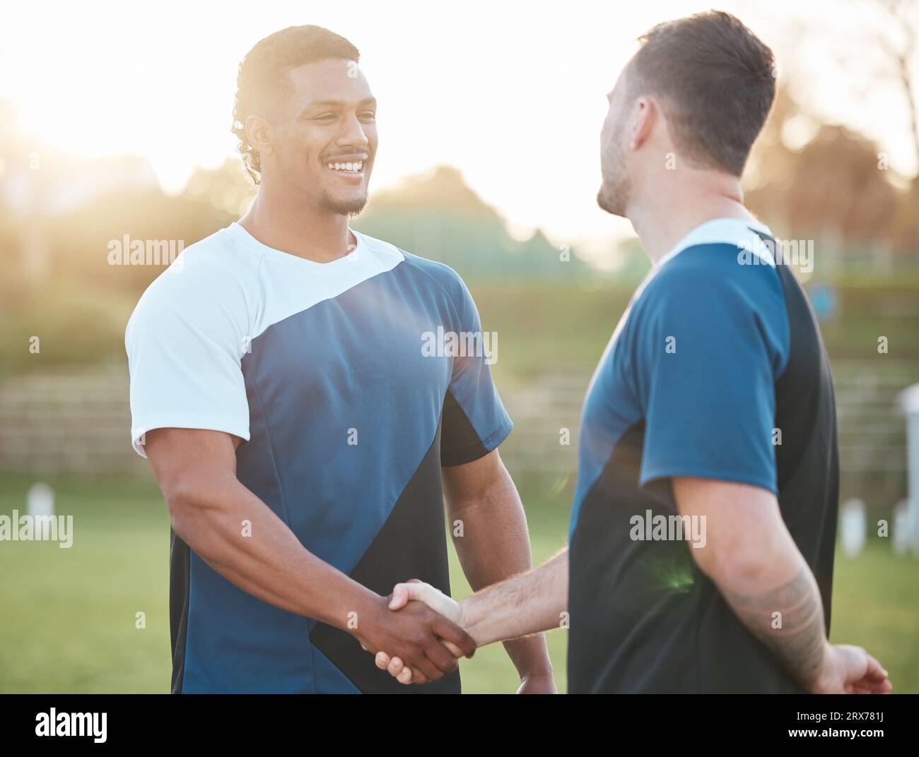 Cheerleader handshake, field and happy people, team or men greeting ...