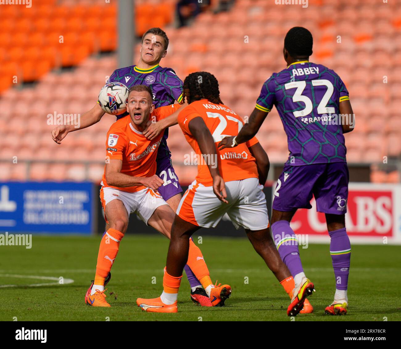 Blackpool, UK. 23rd Sep, 2023. Tyler Bindon #24 of Reading competes for ...