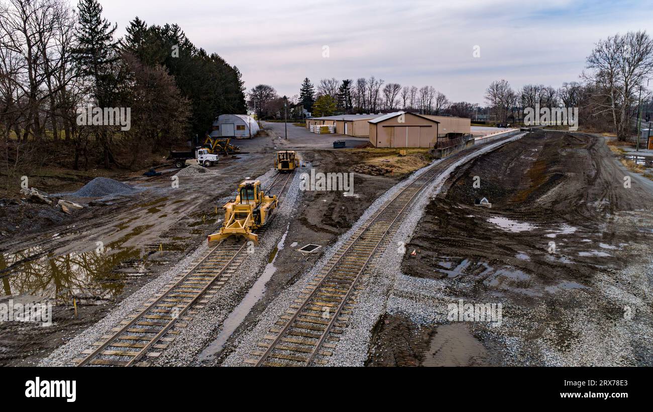 A Drone View of a Train Freight Yard being Constructed With New ...