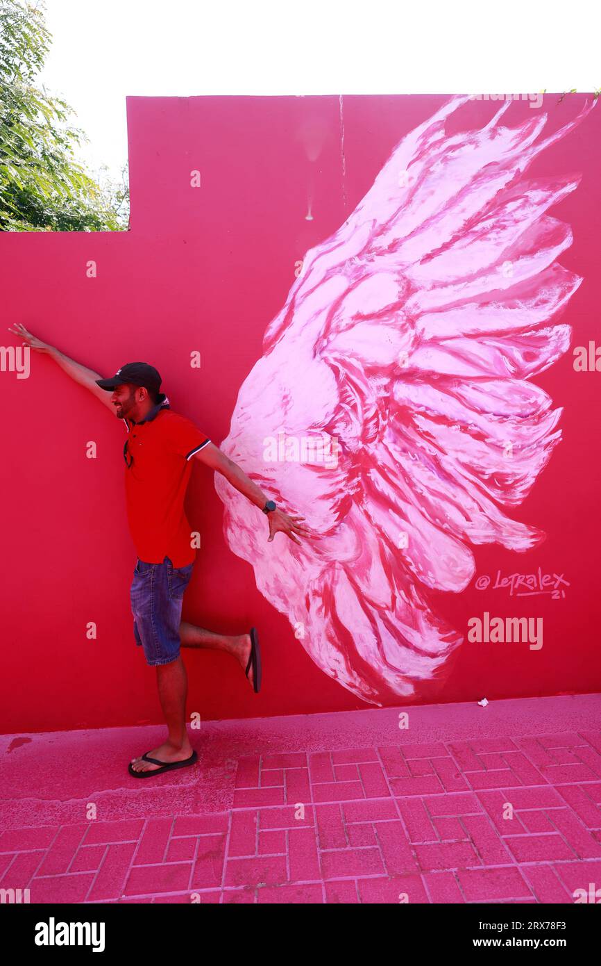 Pink street with green plants, windows, street lams, decorative ...