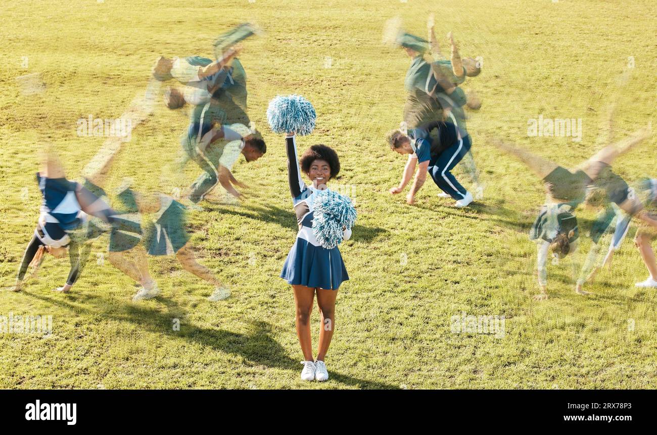 Cheerleader blur, sports and women on grass for performance, dance and ...