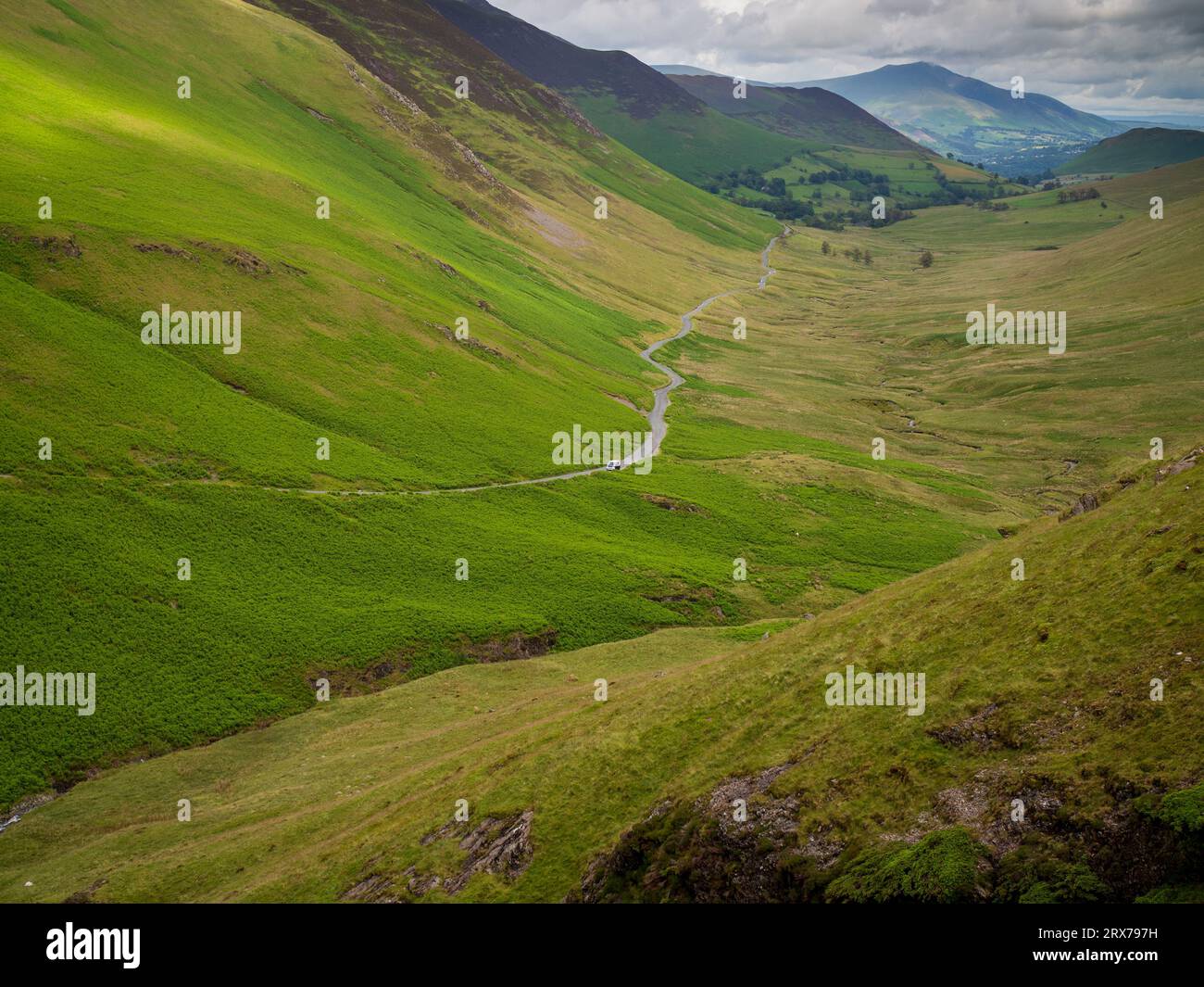 The view stretching down the road of the Newlands Pass in the Lake ...
