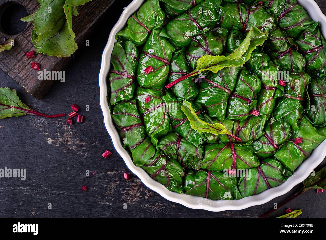 Dolma, golubtsy, sarma, sarmale with beet leaves. Top view. Traditional ...