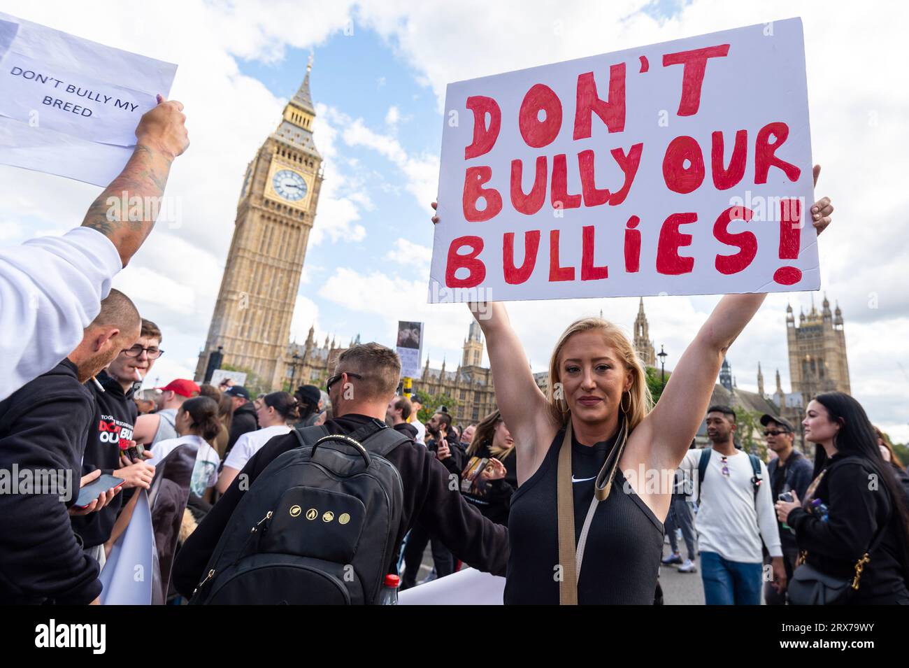 London, UK. 23 September 2023. People take part in a Save XL Bully dogs ...
