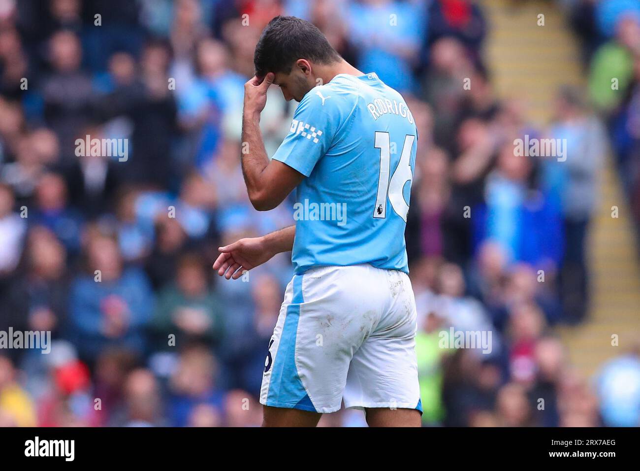 Manchester, UK. 23rd Sep, 2023. A dejected Rodri of Manchester City ...