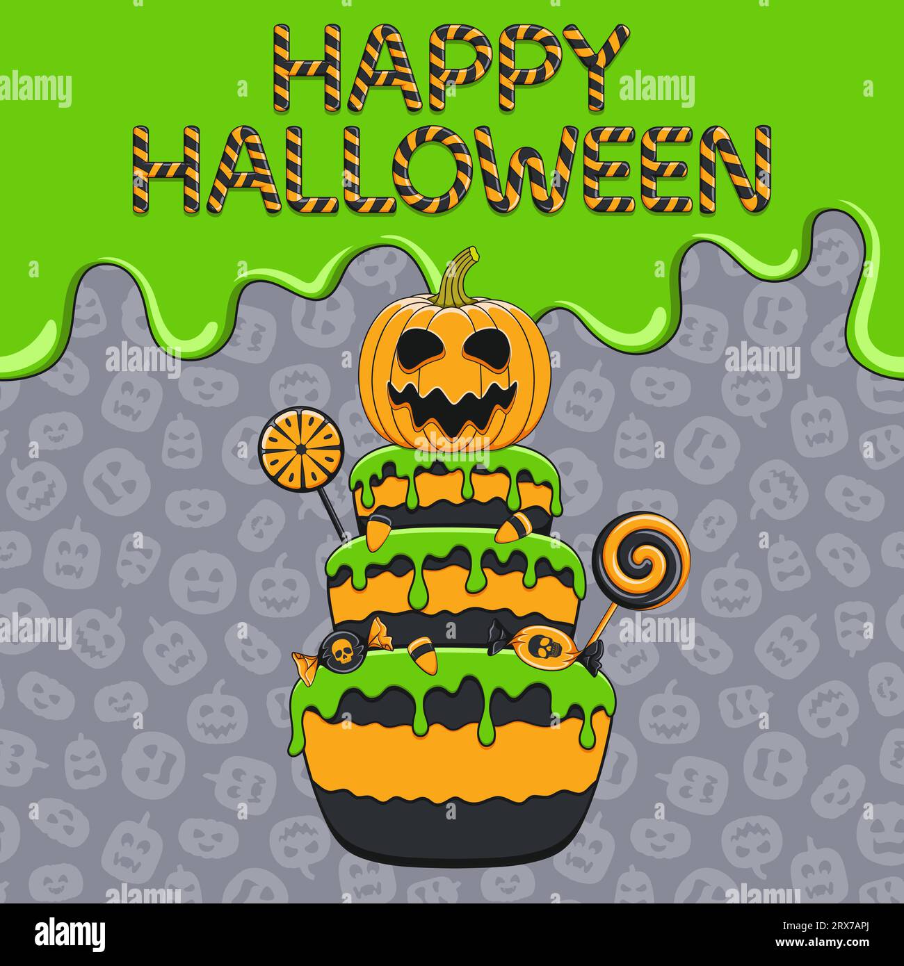 Happy Halloween card with cake, pumpkin, slime, candy. Color vector ...