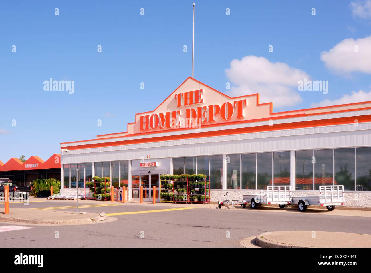 Front entrance of a local Home Depot store with beautiful blue skies ...