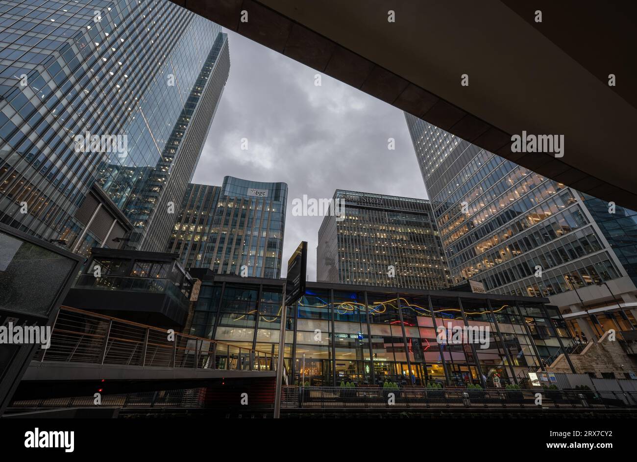Canary Wharf, London, UK: The eastern part of Canary Wharf in London Docklands showing Churchill ...