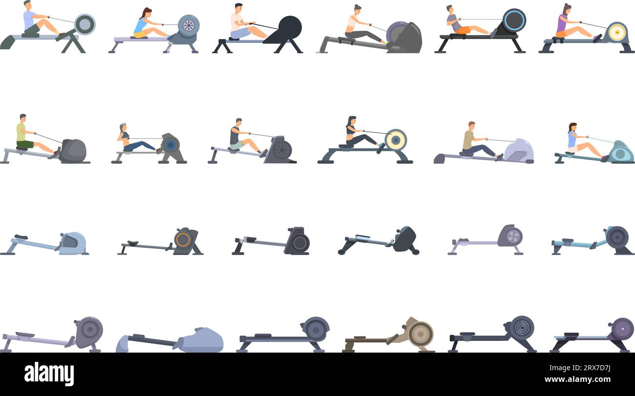 Rowing Machine icons set cartoon vector. Active row. Fitness health ...