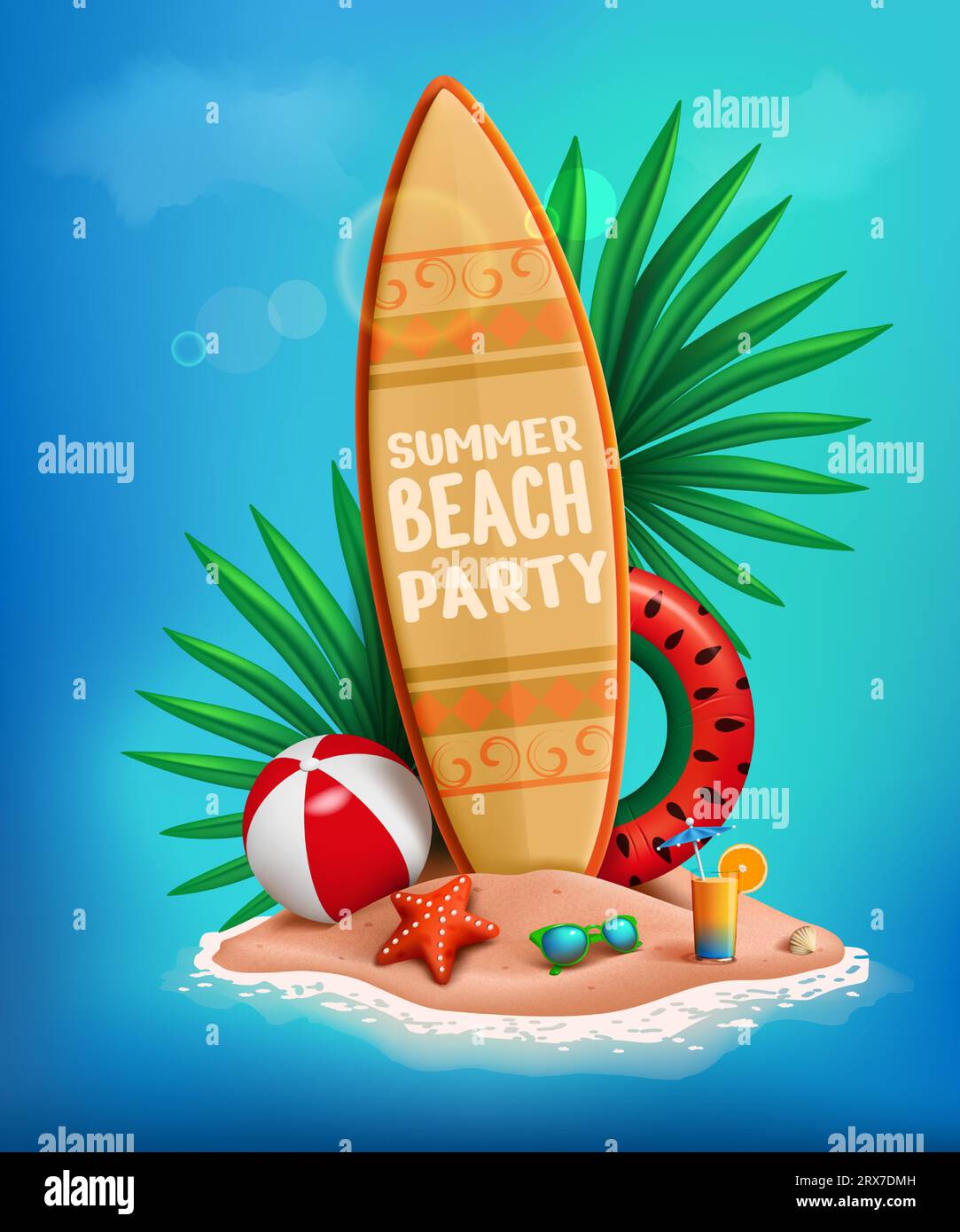 Summer beach party. 3D surfboard and tropical cocktail. Holiday on sand ...