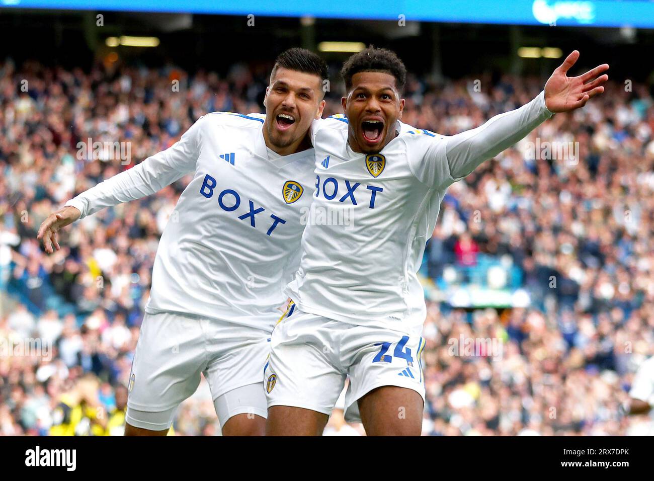 Leeds United's Georginio Rutter (right) celebrates with Leeds United's ...