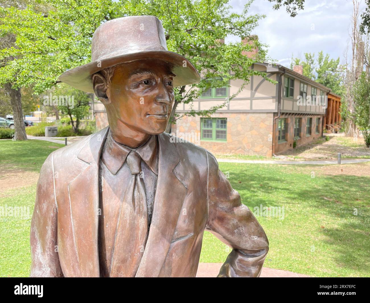 A bronze statue of physicist J. Robert Oppenheimer stands outside a ...
