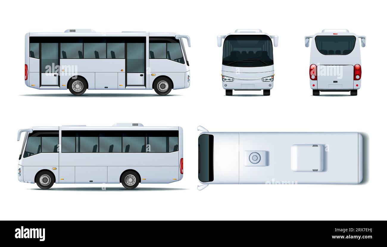 Mini bus mockup. Minibus different view, back side, top and front. 3D ...