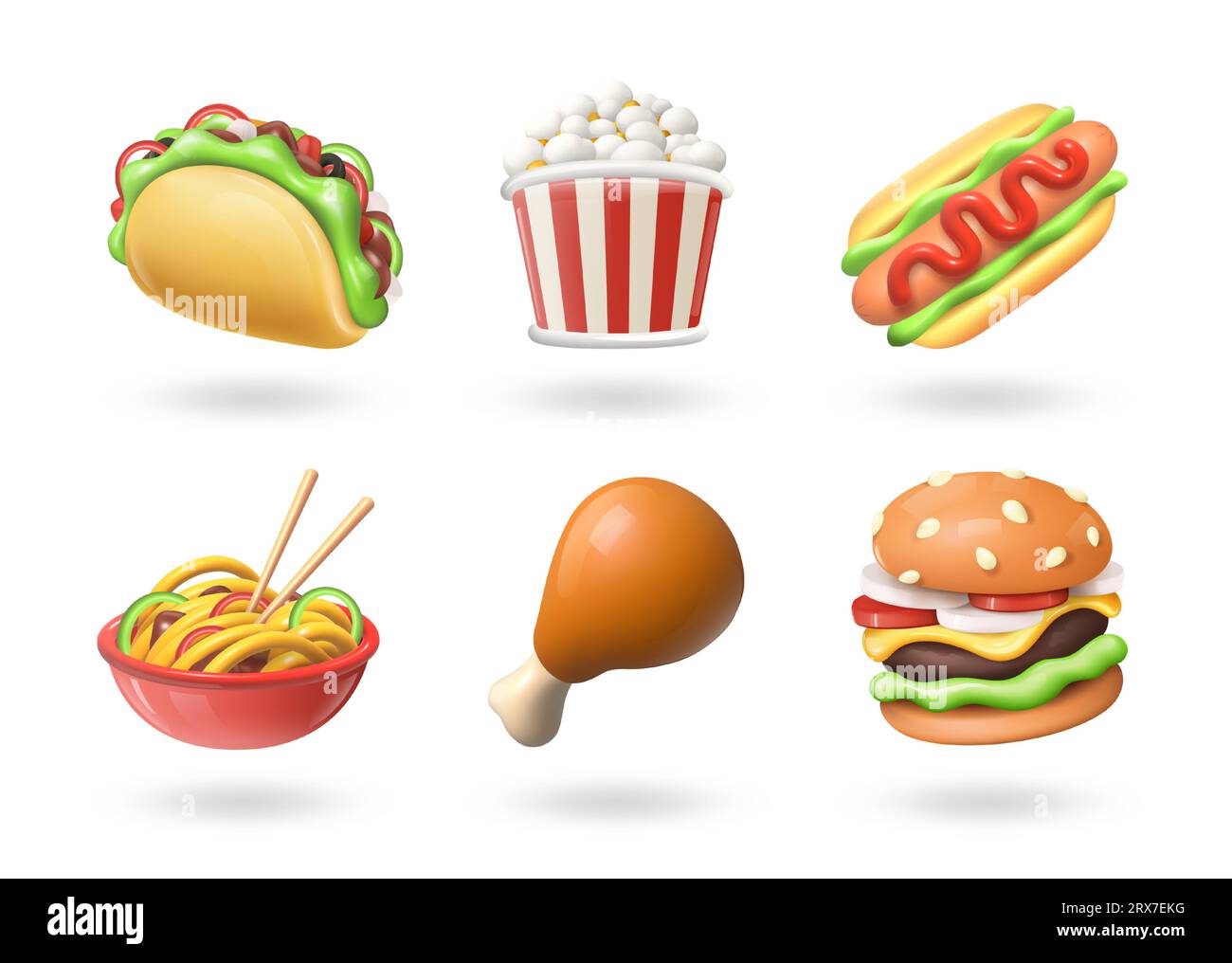 3D fast food. Pizza and burger icons. Realistic taco. Meat hamburger ...