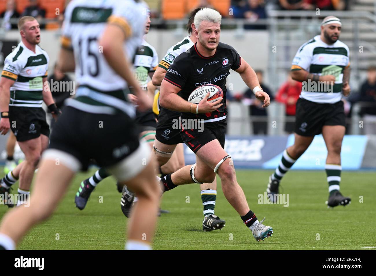 London, UK. 23rd Sep, 2023. Toby Knight of Saracens drives forward to ...