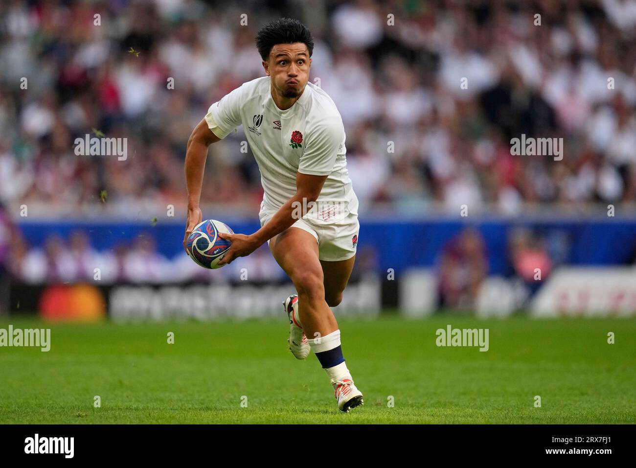 England's Marcus Smith passes the ball during the Rugby World Cup Pool ...