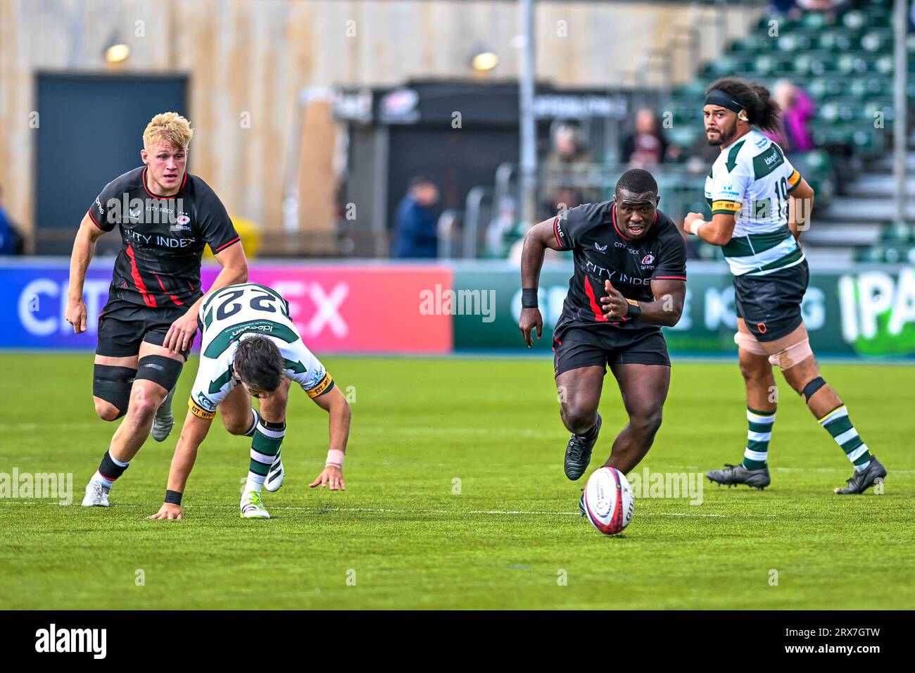 London, UK. 23rd Sep, 2023. Samson Adejimi of Saracens chases the loose ball during the ...
