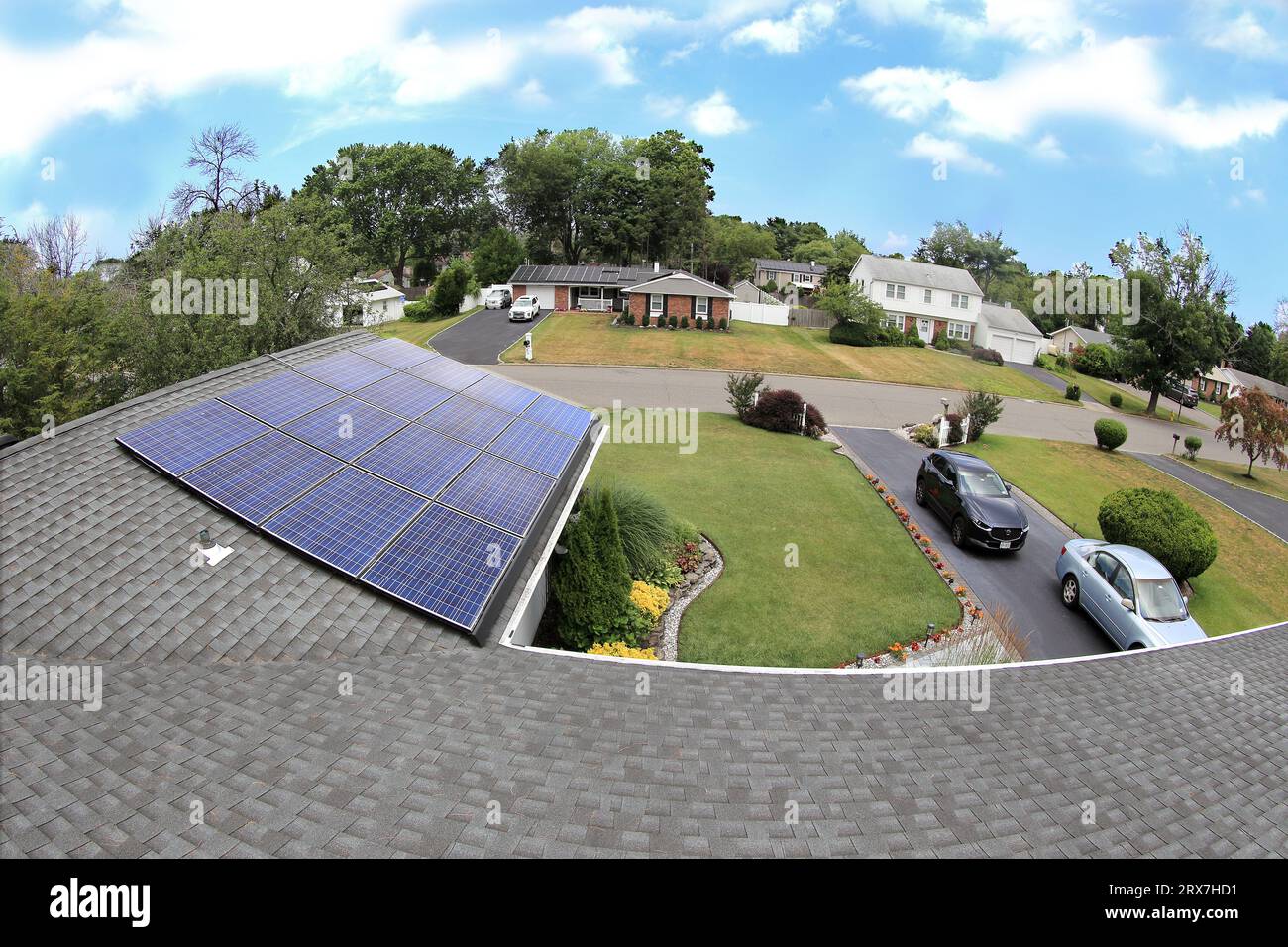 Rooftop solar panels on residential suburban home, Long Island, NY ...