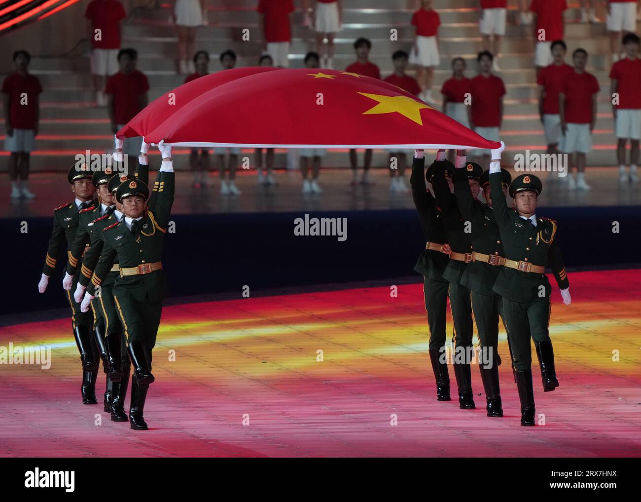 Hangzhou, China's Zhejiang Province. 23rd Sep, 2023. Flag bearers carry ...