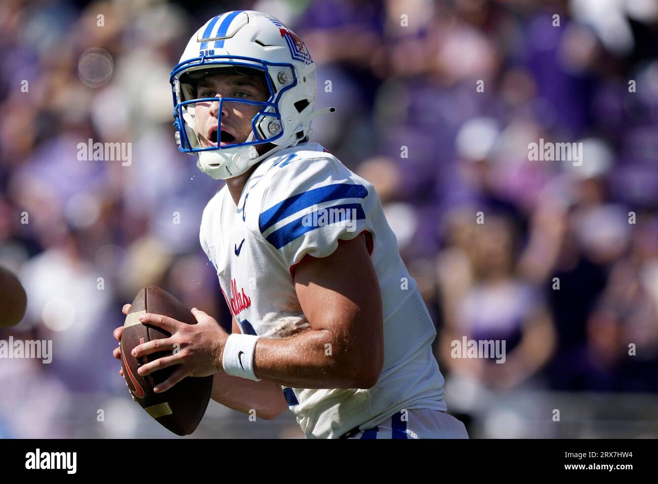 SMU quarterback Preston Stone (2) looks to pass during the first half ...