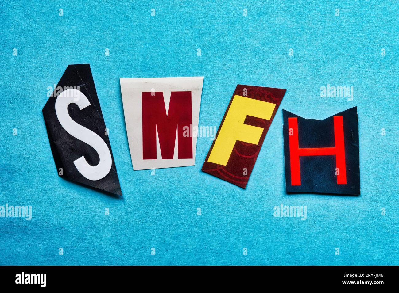 The acronym "SMFH" slang using cut-out paper letters in the ransom note ...