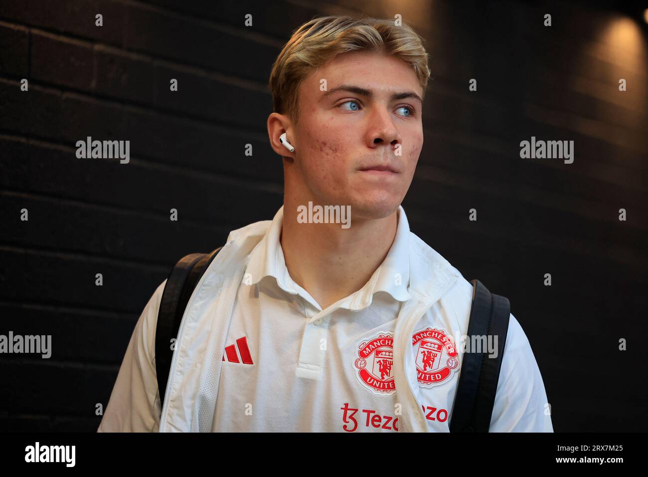 Rasmus Hojlund #11 of Manchester United arrives ahead of the Premier ...