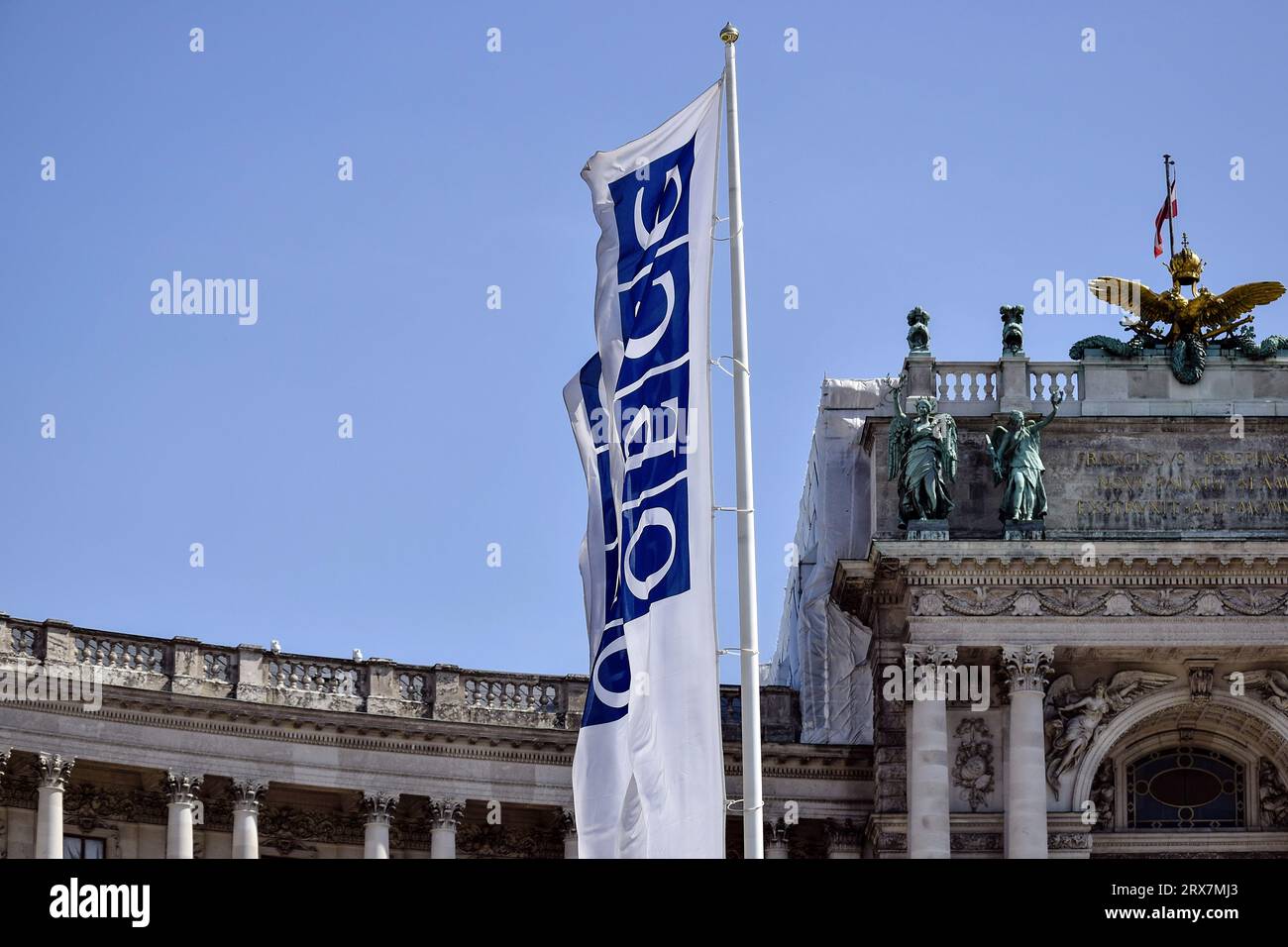 Vienna, Austria, may 2019: Flags of the OSCE against the background of ...