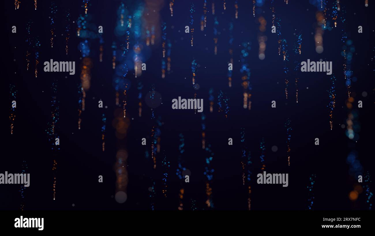 3D rendering of brightly colored particle confetti descends elegantly, swirling through the air ...