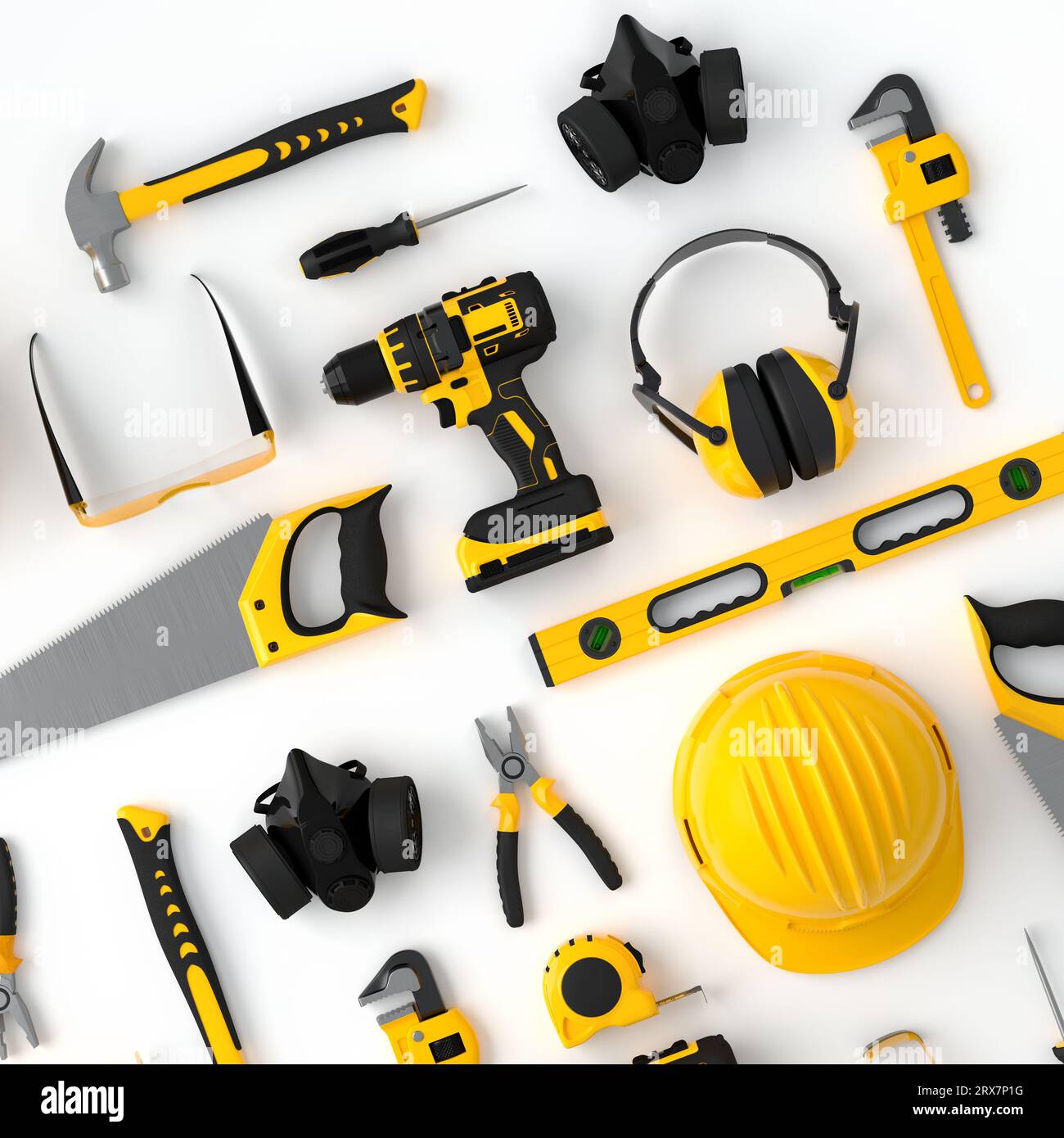 Flying view of yellow construction tools for repair and installation on ...