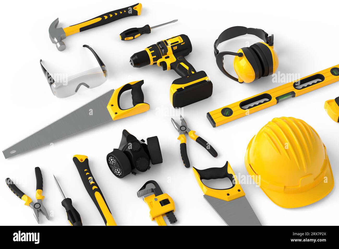 Flying view of yellow construction tools for repair and installation on ...