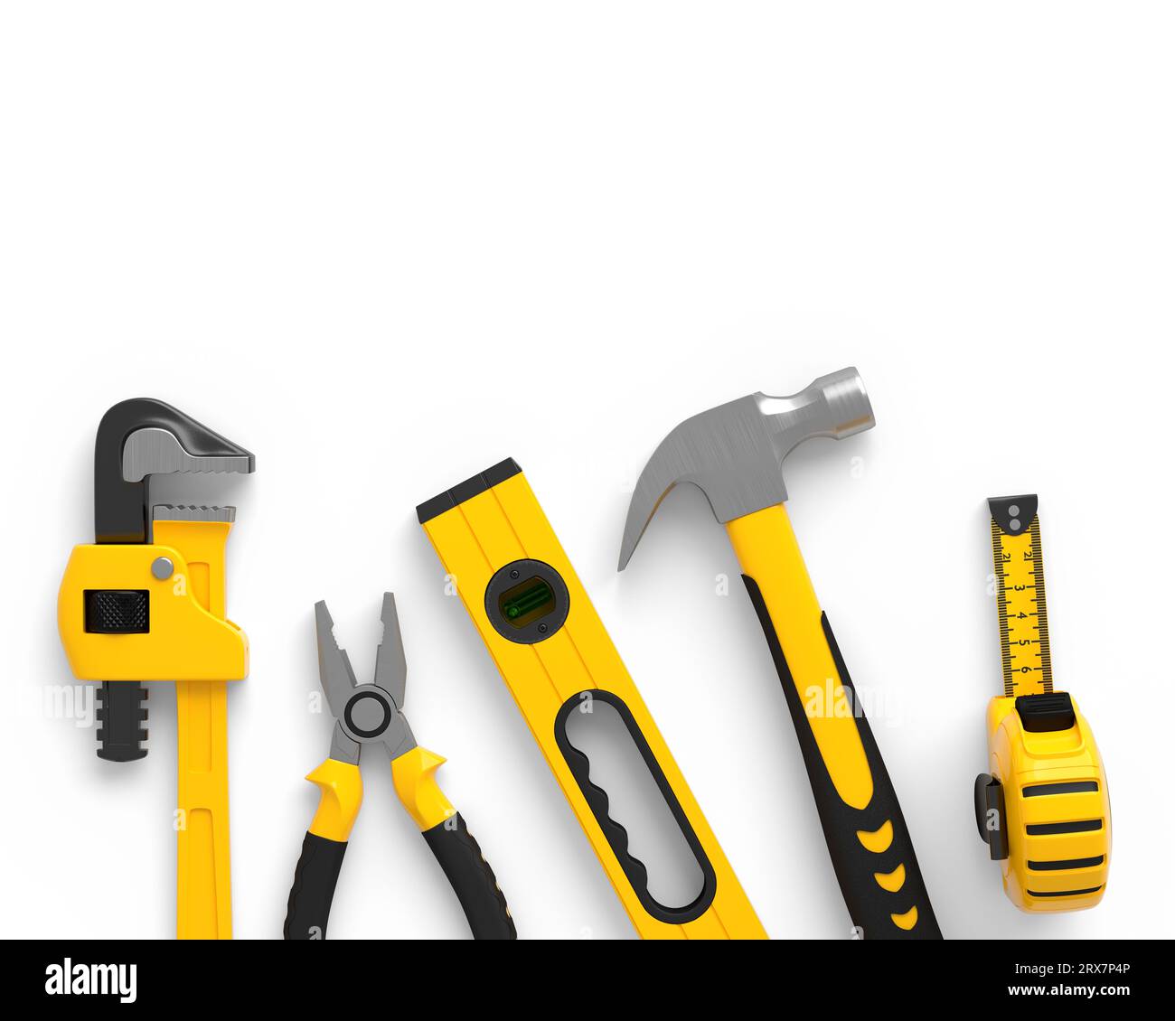 Flying view of yellow construction tools for repair and installation on ...