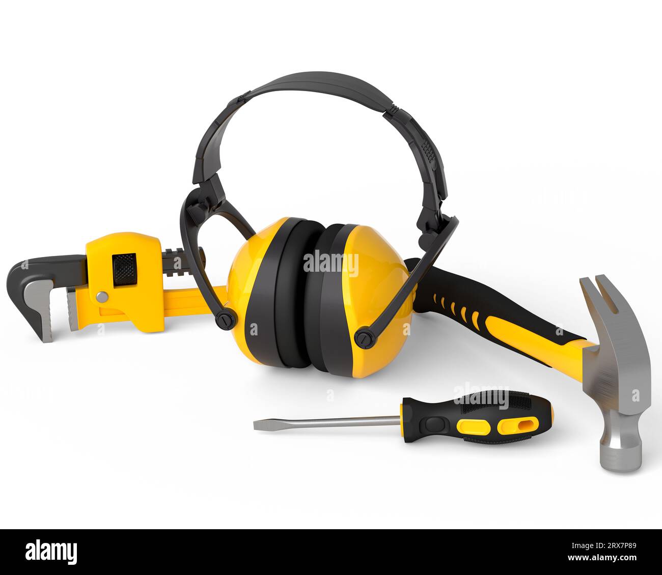 Flying view of yellow construction tools for repair and installation on ...