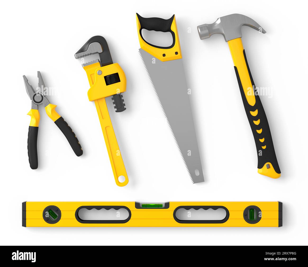Flying view of yellow construction tools for repair and installation on ...