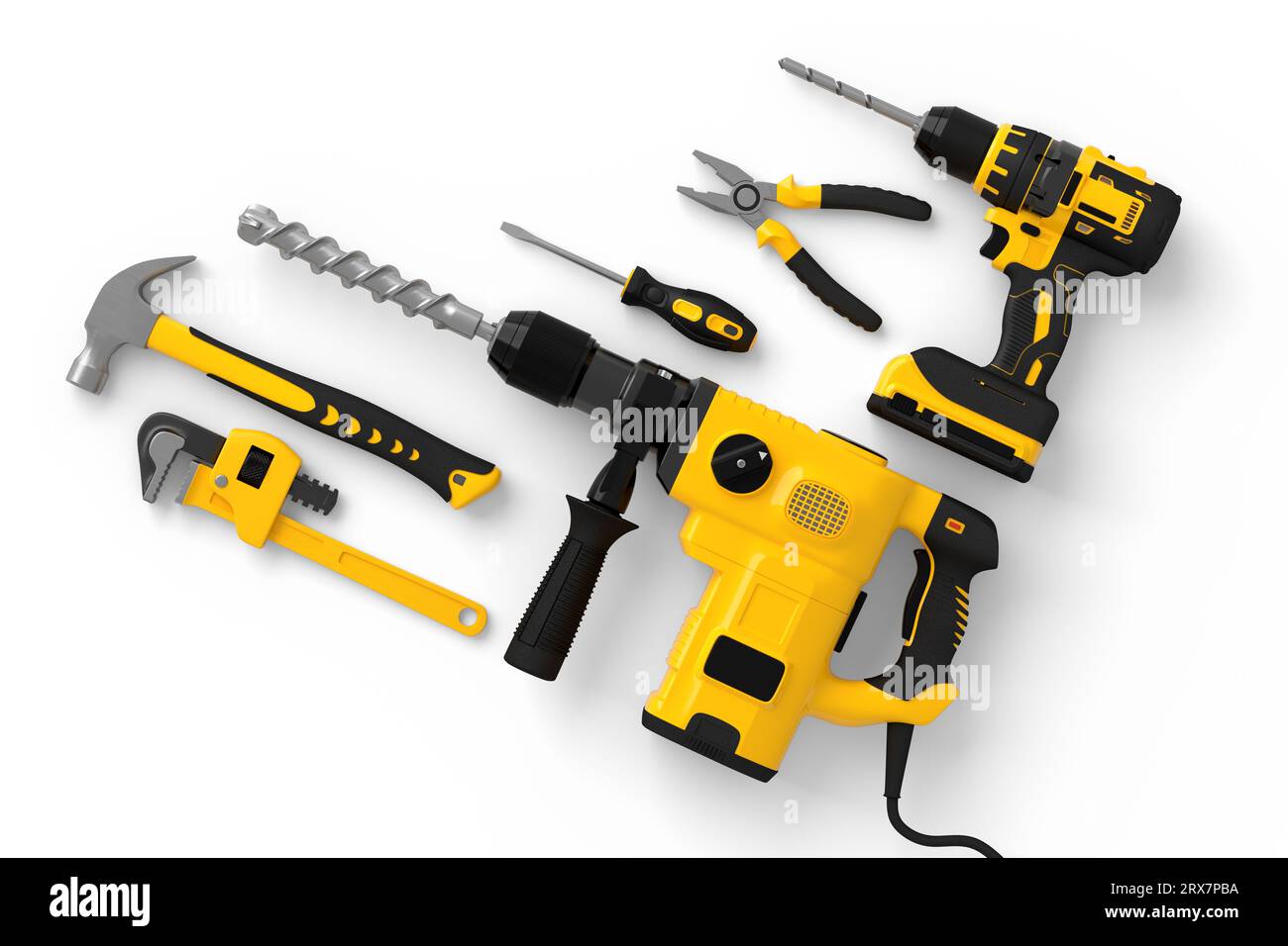 Flying view of yellow construction tools for repair and installation on ...