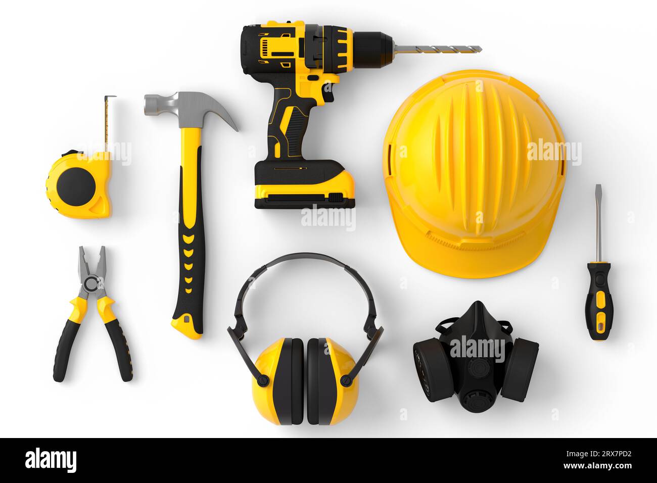 Flying view of yellow construction tools for repair and installation on ...