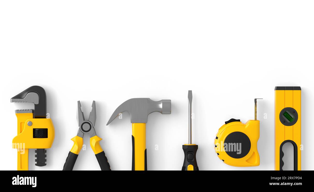 Flying view of yellow construction tools for repair and installation on ...
