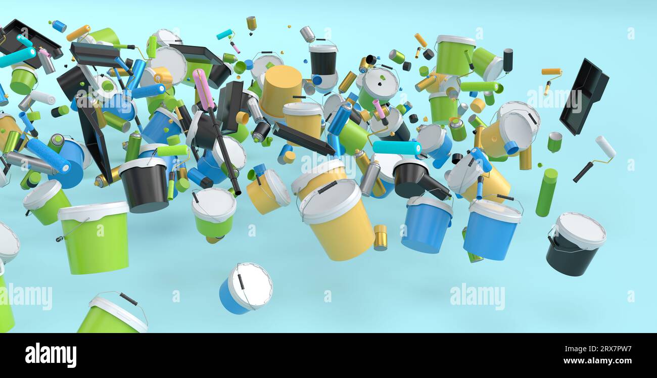 Many of flying plastic cans or buckets with paint roller, brush on blue ...