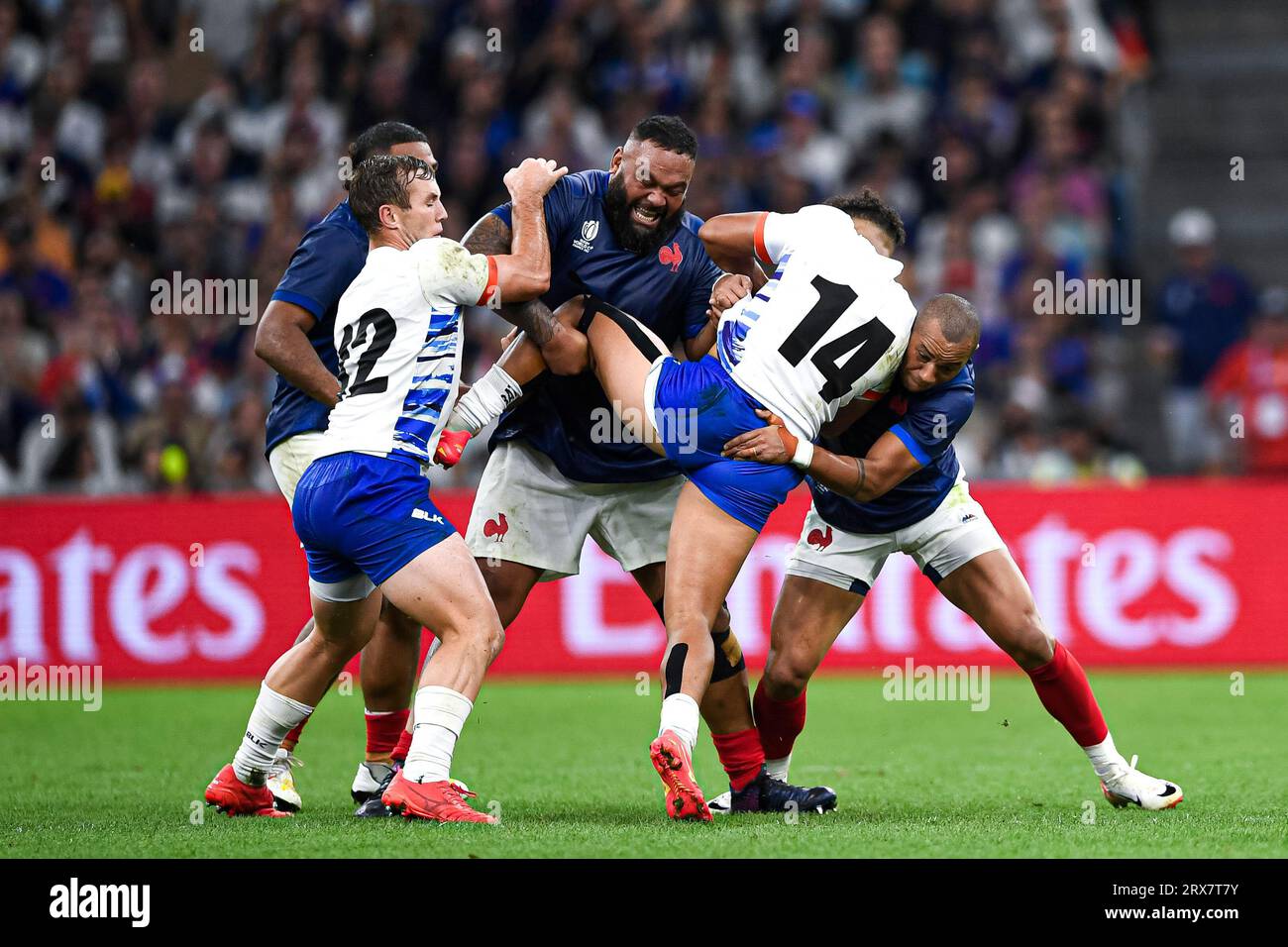 Uini Atonio and Gael Fickou making a tackle during the Rugby union ...
