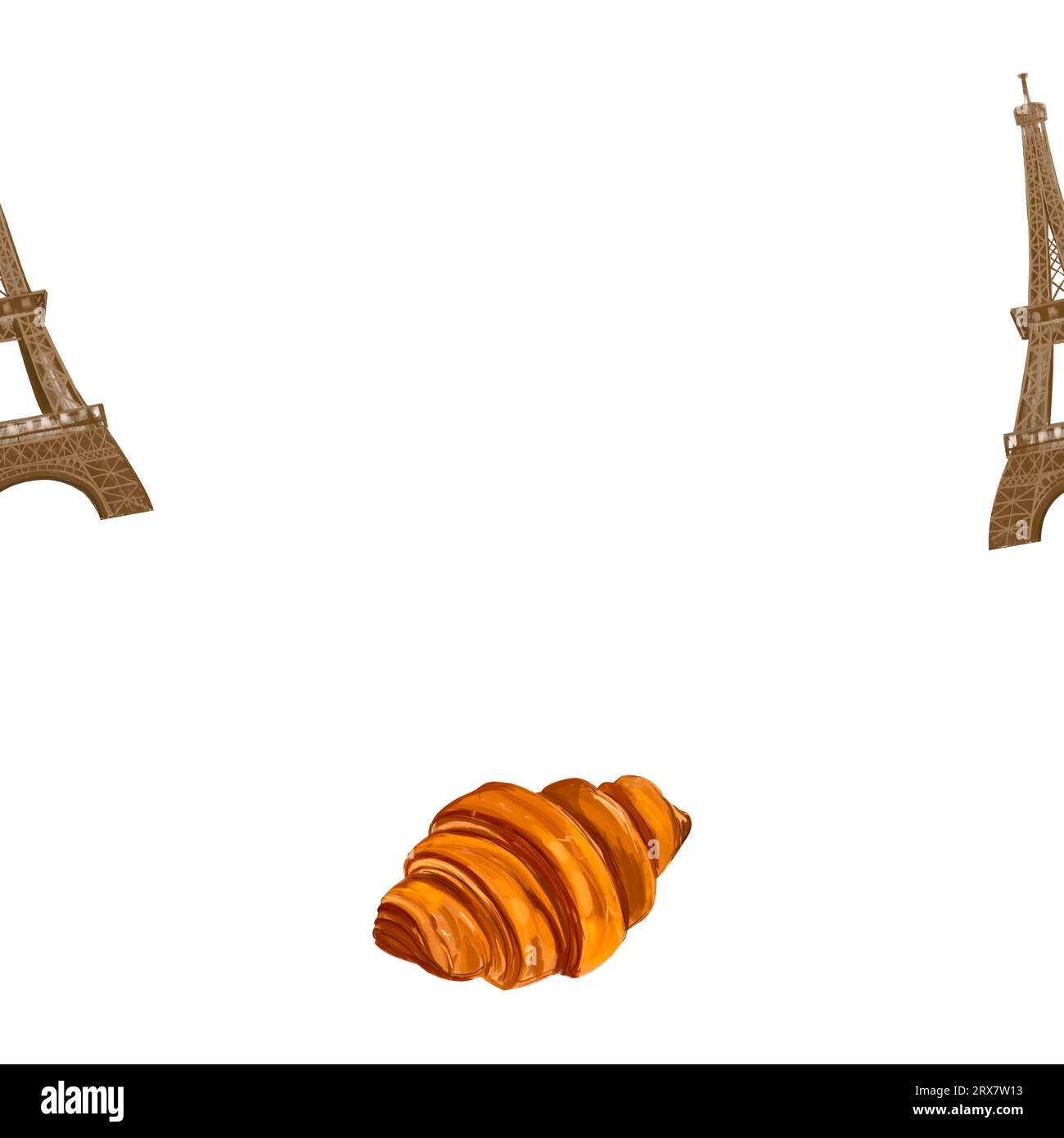 Watercolor seamless pattern with Eiffel Tower and croissant. Hand drawn ...