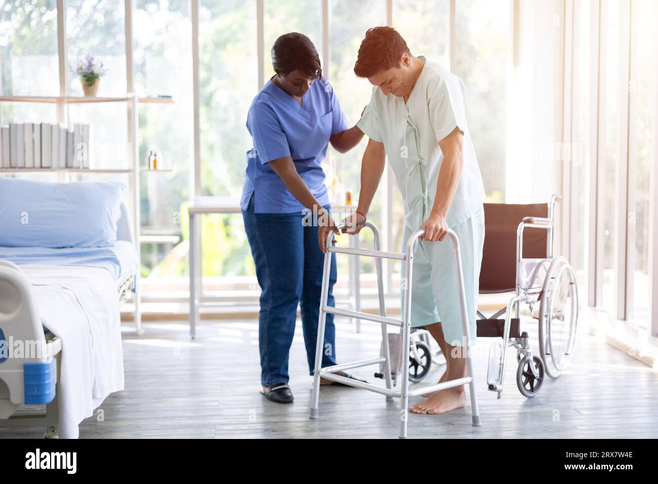 Patient muscle recovery walking training practice using walker with ...