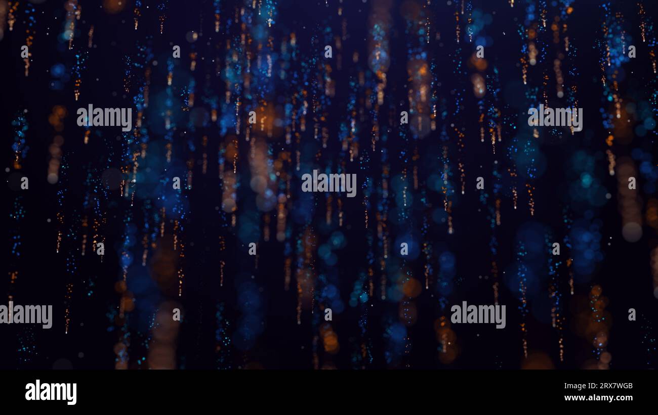 3D rendering of brightly colored particle confetti descends elegantly, swirling through the air ...