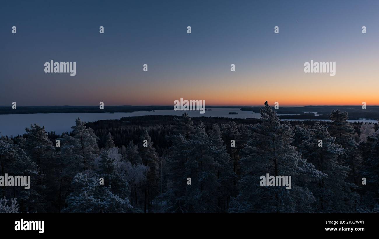 Frosty winter landscape of forests seen from tree-top level in ...