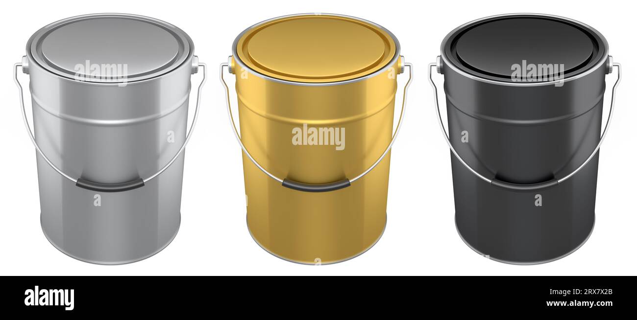 Set of metal cans or buckets of paint with handle on white background ...