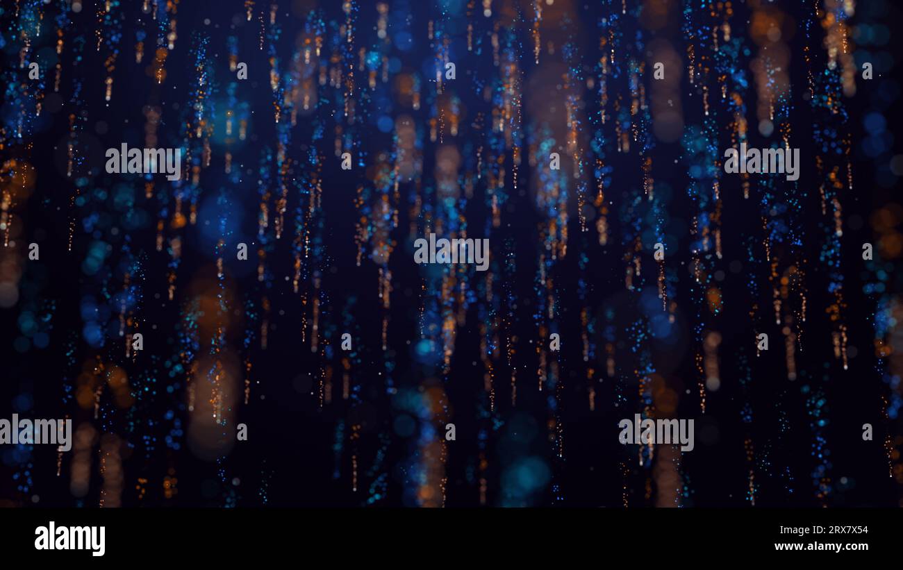 3D rendering of brightly colored particle confetti descends elegantly, swirling through the air ...