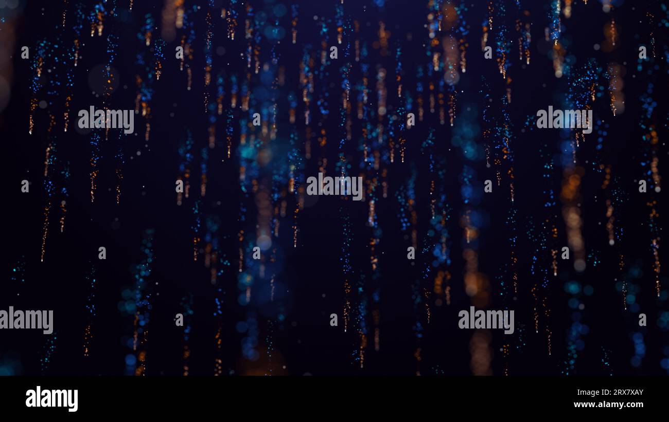 3D rendering of brightly colored particle confetti descends elegantly, swirling through the air ...