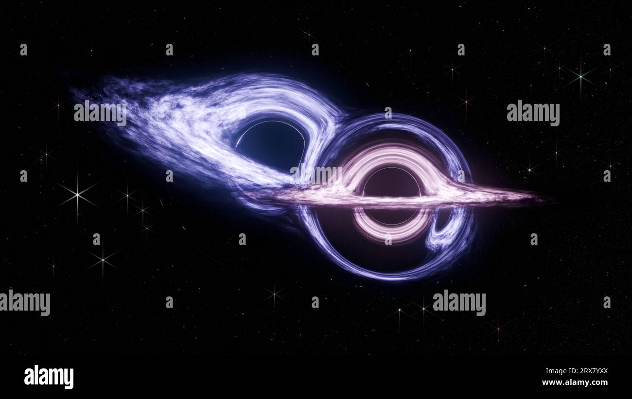 Gravitational Lensing by Two Black Holes in Space - 3D Rendering Stock ...