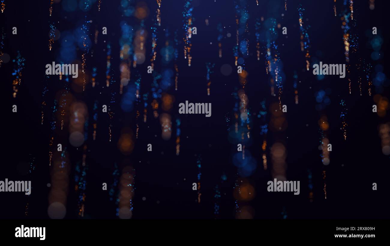 3D rendering of brightly colored particle confetti descends elegantly, swirling through the air ...