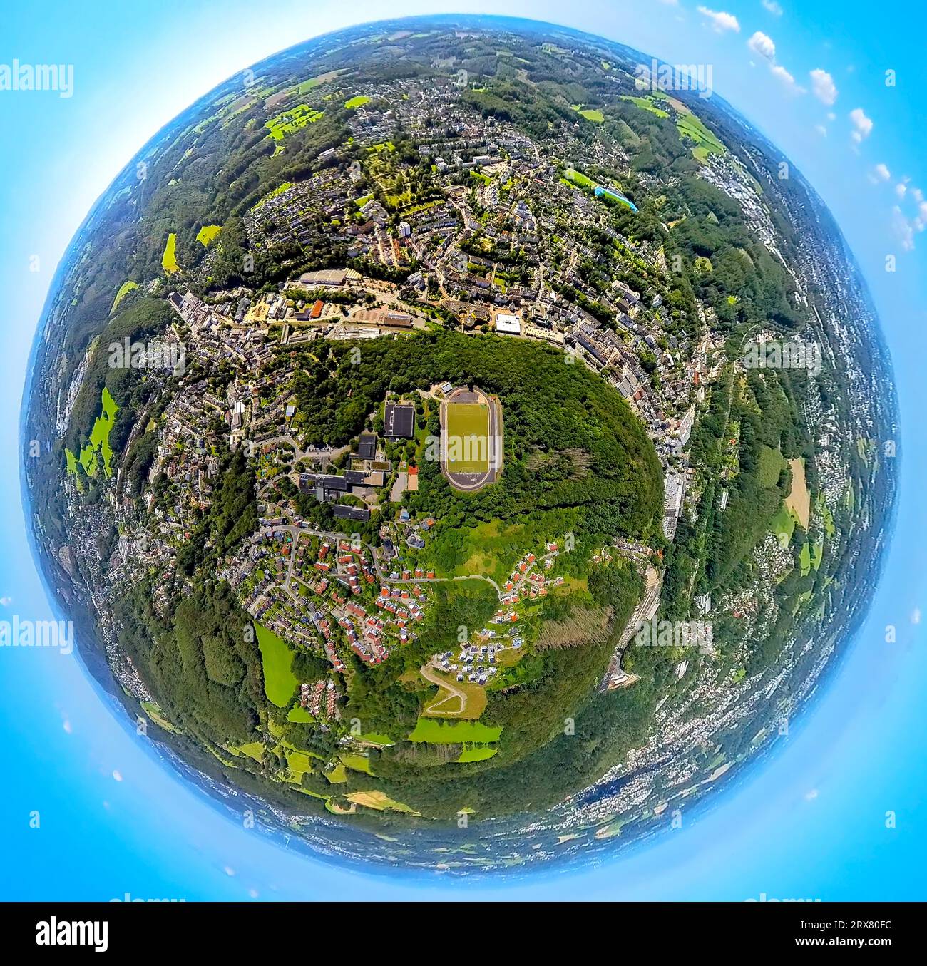 Aerial view, Dorma Sportpark im Wald and Reichenbach-Gymnasium, globe ...