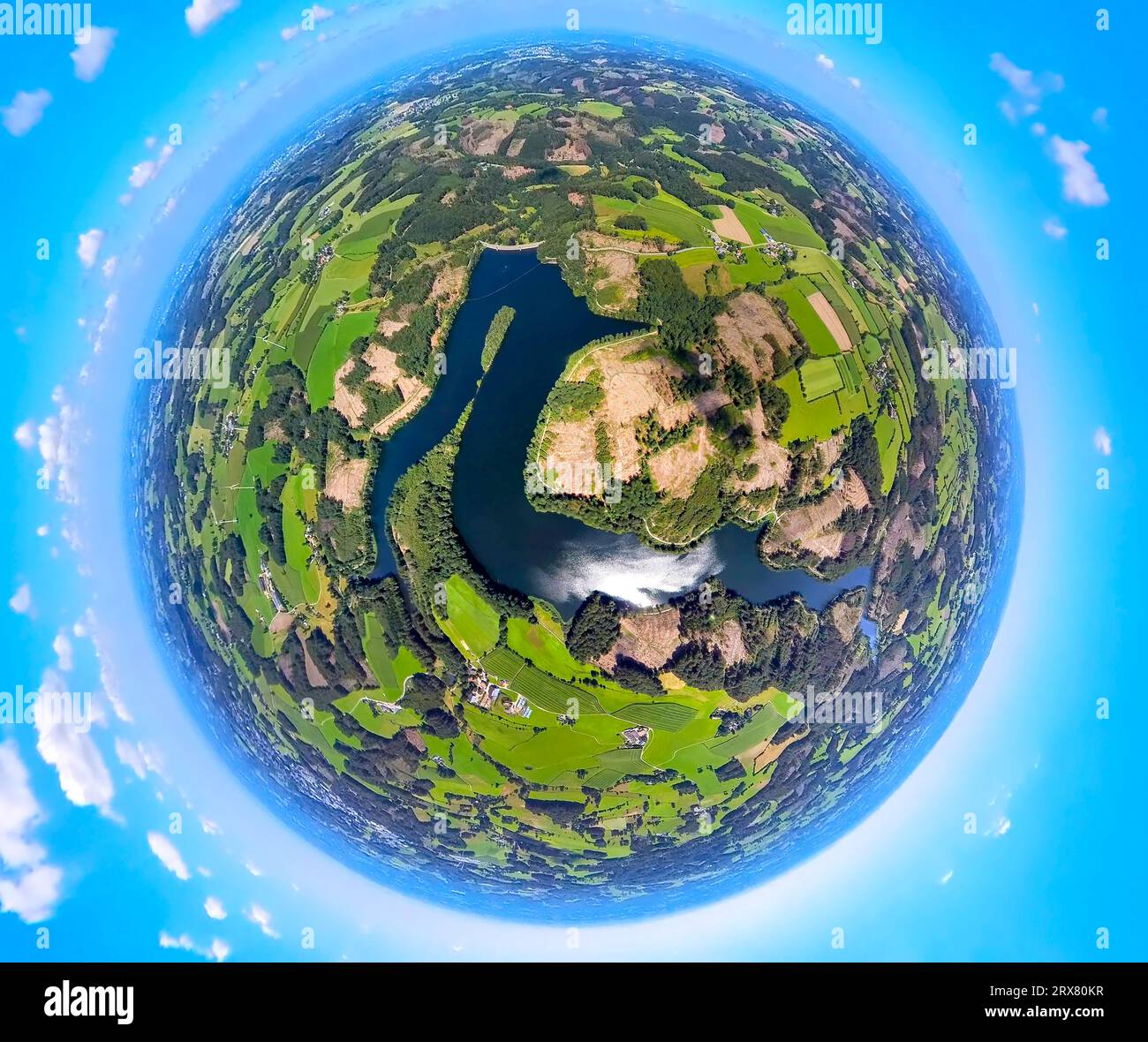 Aerial view, Ennepetalsperre, with dam, meadows and fields, globe ...